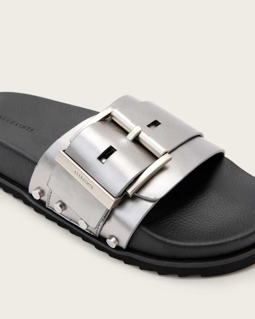 Ellie Studded Buckle Leather Sliders Gunmetal Grey | ALLSAINTS